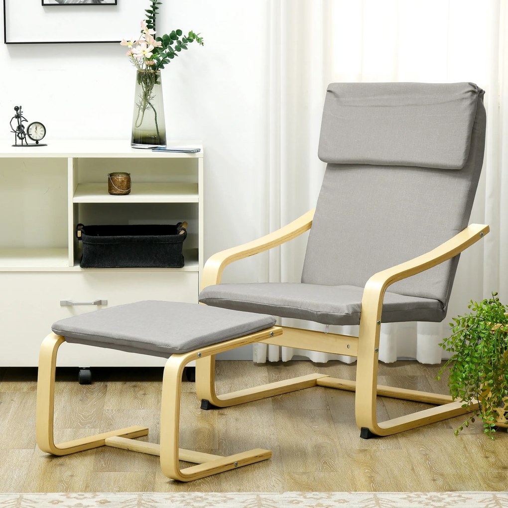 HOMCOM sada 2 lounge křesel s taburetem a područkou, opěrka hlavy, lněný potah, polyesterový polštář na nohy, eukalyptus, světle šedá 66,5 x 80 x 99 …