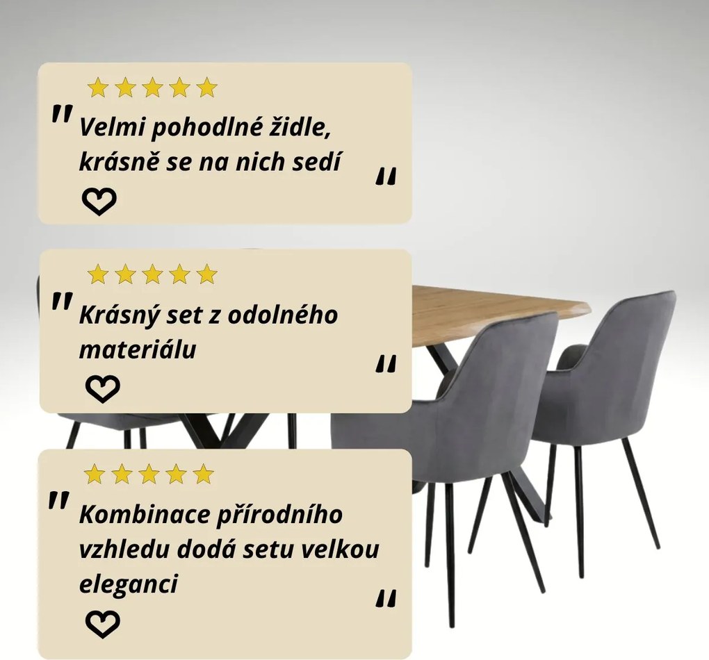 Vikio Jídelní set pro 4 osoby 160x90 cm soft dub noha X šedá židle s područkami VJS226-4S