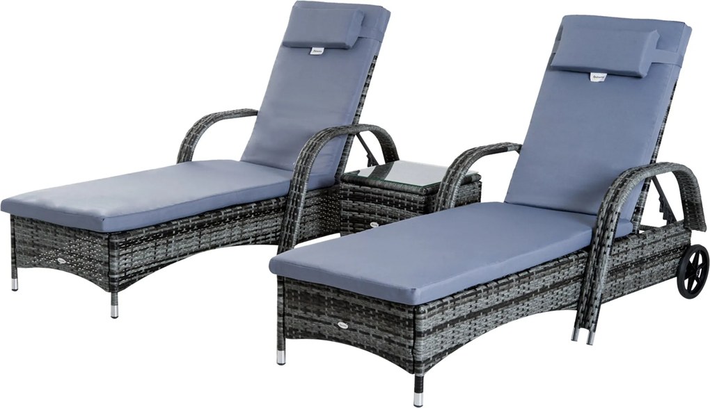 Outsunny Zahradní Lehátka s Bočním Stolkem - 3-dílná Sada Zahradního Nábytku, Polyrattan+Metal Šedý | Aosom
