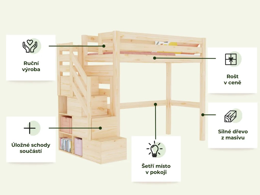 Benlemi Dřevěná vyvýšená postel MAKALU s úložnými schody 90x200 cm Zvolte barvu: Transparentní lazura