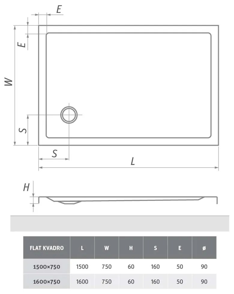 Obdélníková akrylátová sprchová vanička FLAT KVADRO dlouhý obdélník 60 mm S 1500 × 750 FLAT KVADRO/1500x750 8000243