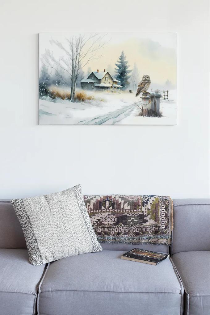 Obraz na plátně - Sova na poštovní schránce, venkov v zimě FeelHappy.cz Velikost obrazu: 90 x 60 cm