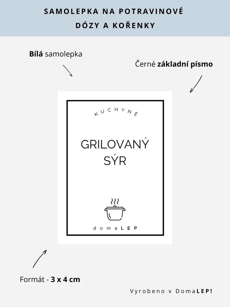 Samolepka na kořenky GRILOVANÝ SÝR bílá 3 × 4 cm základní písmo