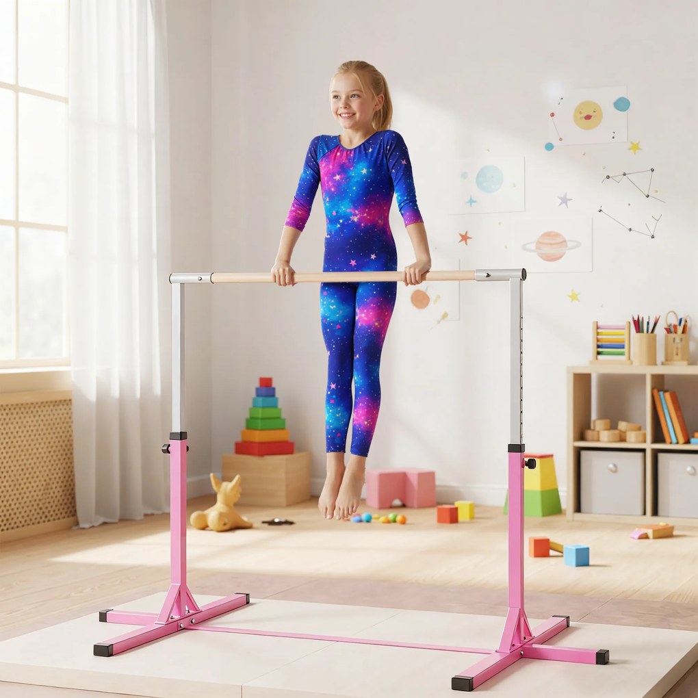 HOMCOM Gymnastická tyč pro děti, výškově nastavitelná hrazda, hrazda pro vnitřní i venkovní použití z dřeva & stabilní ocelová konstrukce do 75 kg, p…