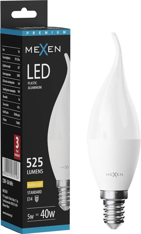 Mexen Nova, LED žárovka E27, C37, 5W, Teplá - 3000K, 525 lm - L102-E27-0530-01