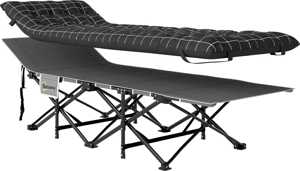 Skládací kempinkové lůžko, kempinkové lůžko s matrací, ergonomické, kovový rám, černá barva
