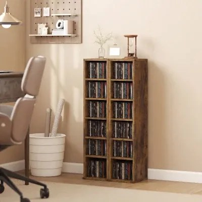HOMCOM 2ks sada CD a DVD regálů s 12 přihrádkami, nastavitelnými policemi, 21x22,5x88,5 cm, rustikální hnědá