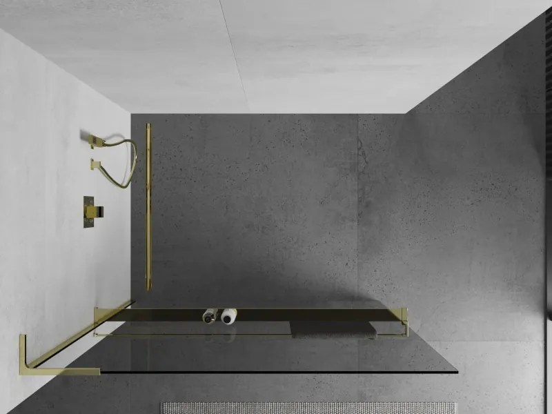 Mexen Kioto+ L, sprchová zástěna Walk-In s poličkou a věšákem 55 x 200 cm, 8mm čiré sklo, zlatý lesklý profil, 800-055-123-50-00
