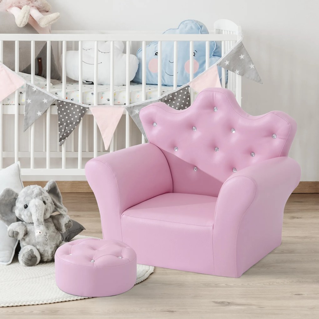 HOMCOM dívčí křeslo měkká pohovka s křišťálovými knoflíky taburet růžový útulný pro děti od 3 let 58x40,5x49cm