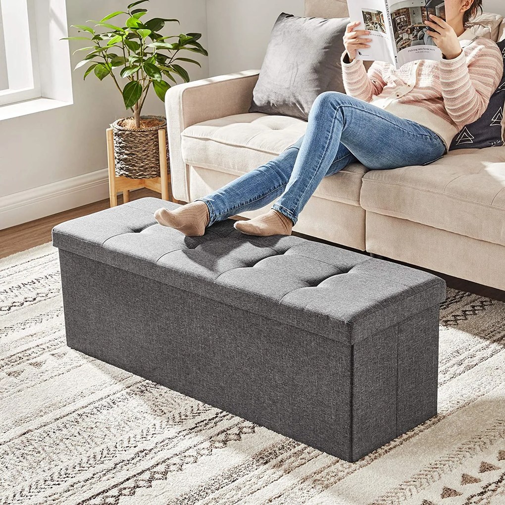 Puf 110x38x38 cm, úložná otoman lavice, 120 L, tmavě šedý