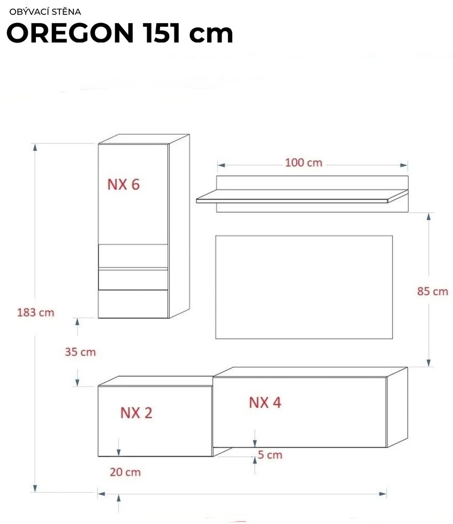 Ral Obývací stěna OREGON 2, 151 cm - Bílý lesk