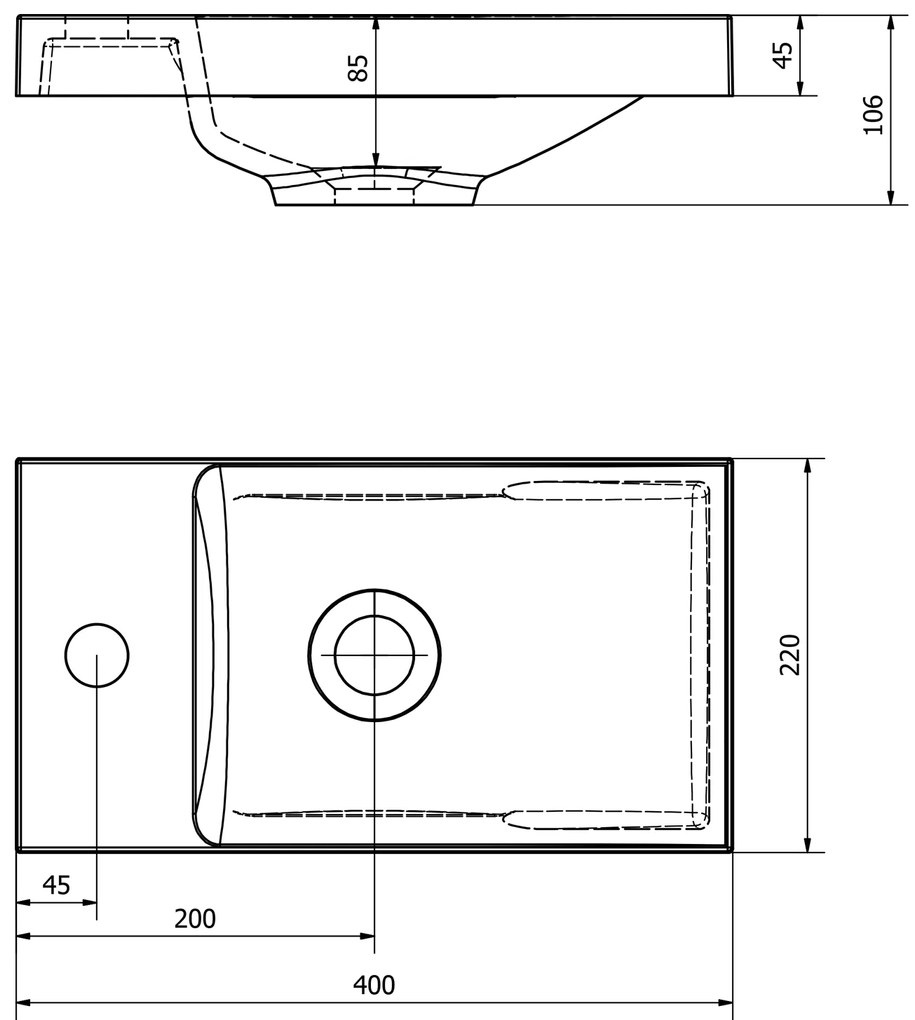 Sapho Sapho, AGOS umyvadlo bez přepadu 40x22cm, litý mramor, levé/pravé, černá matná, AS400B