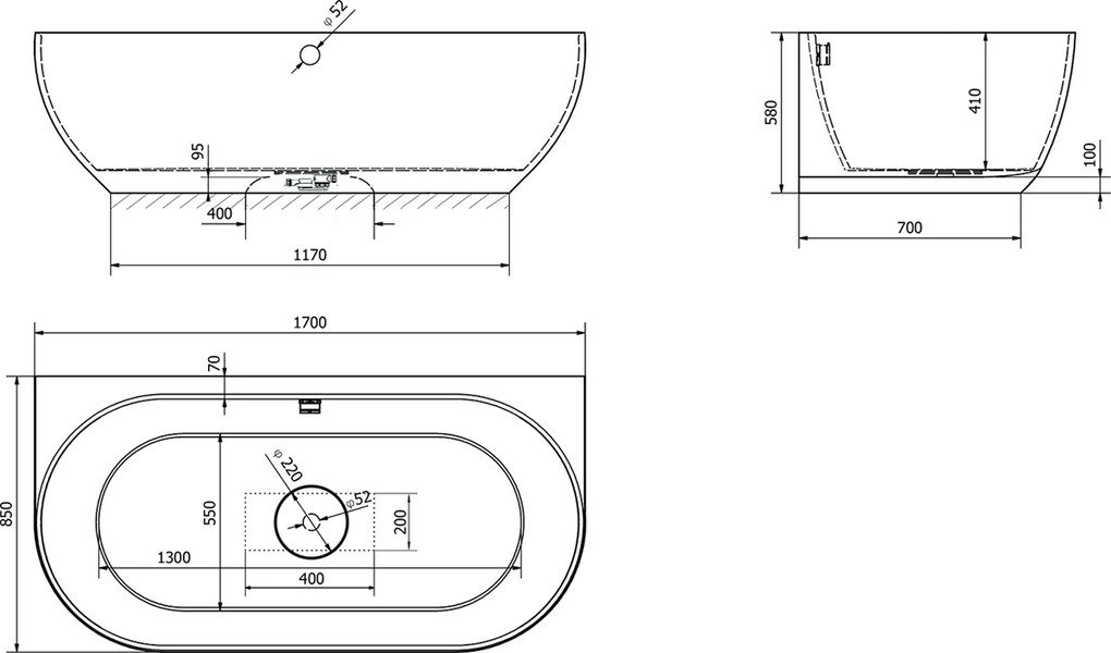 Polysan Pagoda vana nástěnná 170 x 85 cm litý mramor bílá hnědá mat 72976.72