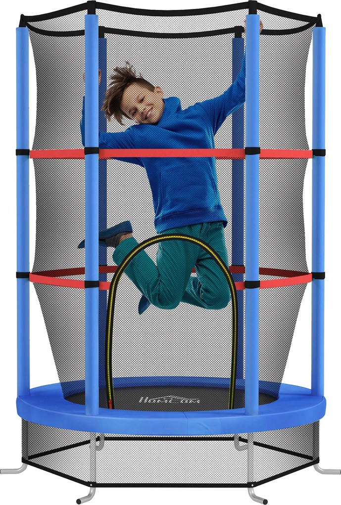 HOMCOM Dětská trampolína pro děti 3-6 let se sítí, 6 sloupy a vchody, PE, plastová a kovová trampolína, Ø140x190 cm, Modrá a Černá | Aosom