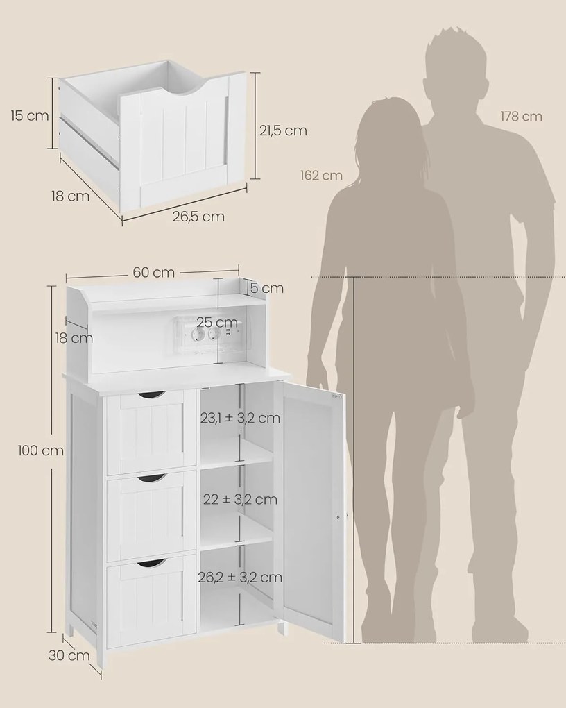 Koupelnová skříňka Vasagle Toly 100 cm s nabíjecí stanicí bílá