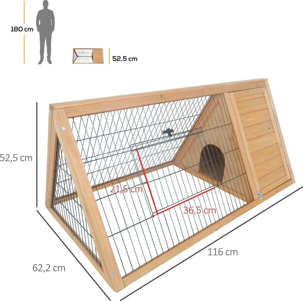Triangulární králičí kotec PawHut z přírodního dřeva 116x62,2x52,5 cm s dveřmi a drátěnou síťkou