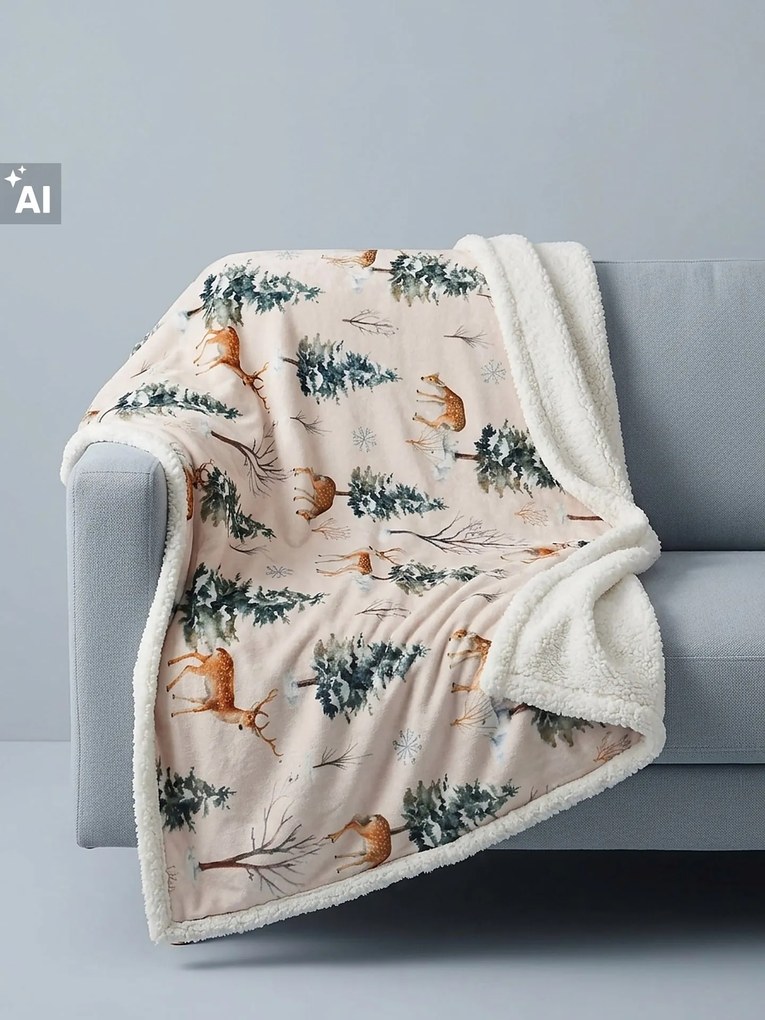 Sinsay - Vánoční deka s beránkem s lesním motivem - vícebarevná