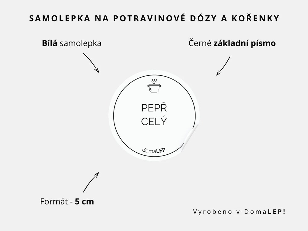 PEPŘ CELÝ - omyvatelná samolepka na kořenky, výběr rozměrů Ø 5 cm / 5 x 5 cm / 6 x 8 cm | DomaLEP tvar: OBDÉLNÍK, barva: BÍLÁ - ČERNÉ písmo, velikost: š. 6 cm x v. 8 cm - tučné písmo