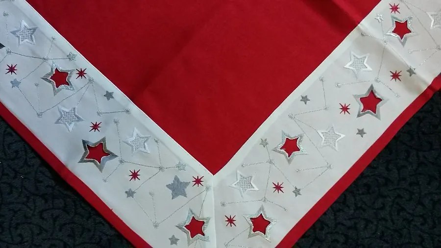 Vyšívaný vánoční ubrus a šály STARS červené 45x140