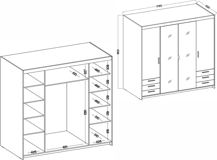 FALCO Šatní skříň Enja 4D6S se zrcadlem Odstín: Dub lefkas