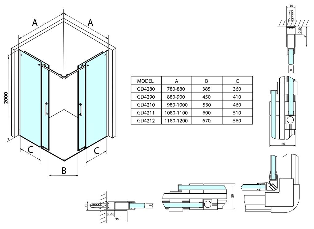 Gelco DRAGON sprchové posuvné dveře rohový vstup 900 mm, čiré sklo GD4290 GD4290