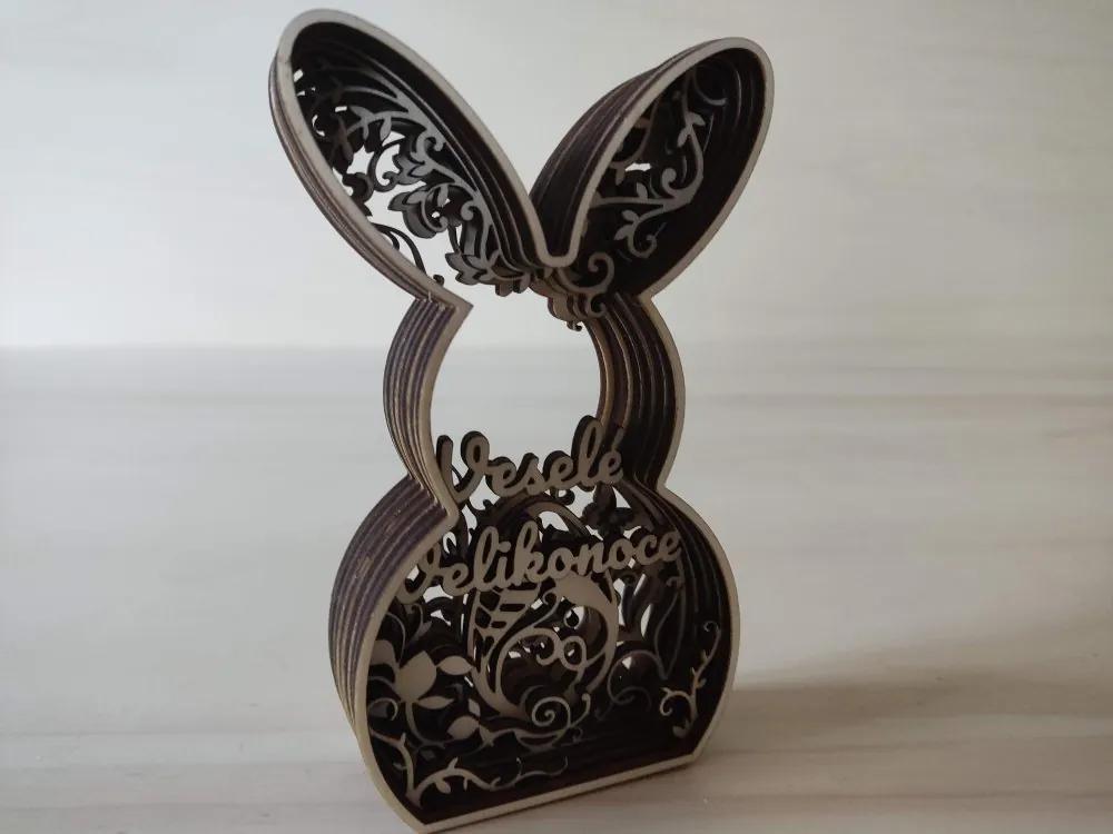 3D velikonoční zajíček S nápisem Veselé Velikonoce Kombinace přírodní, teak a ořech