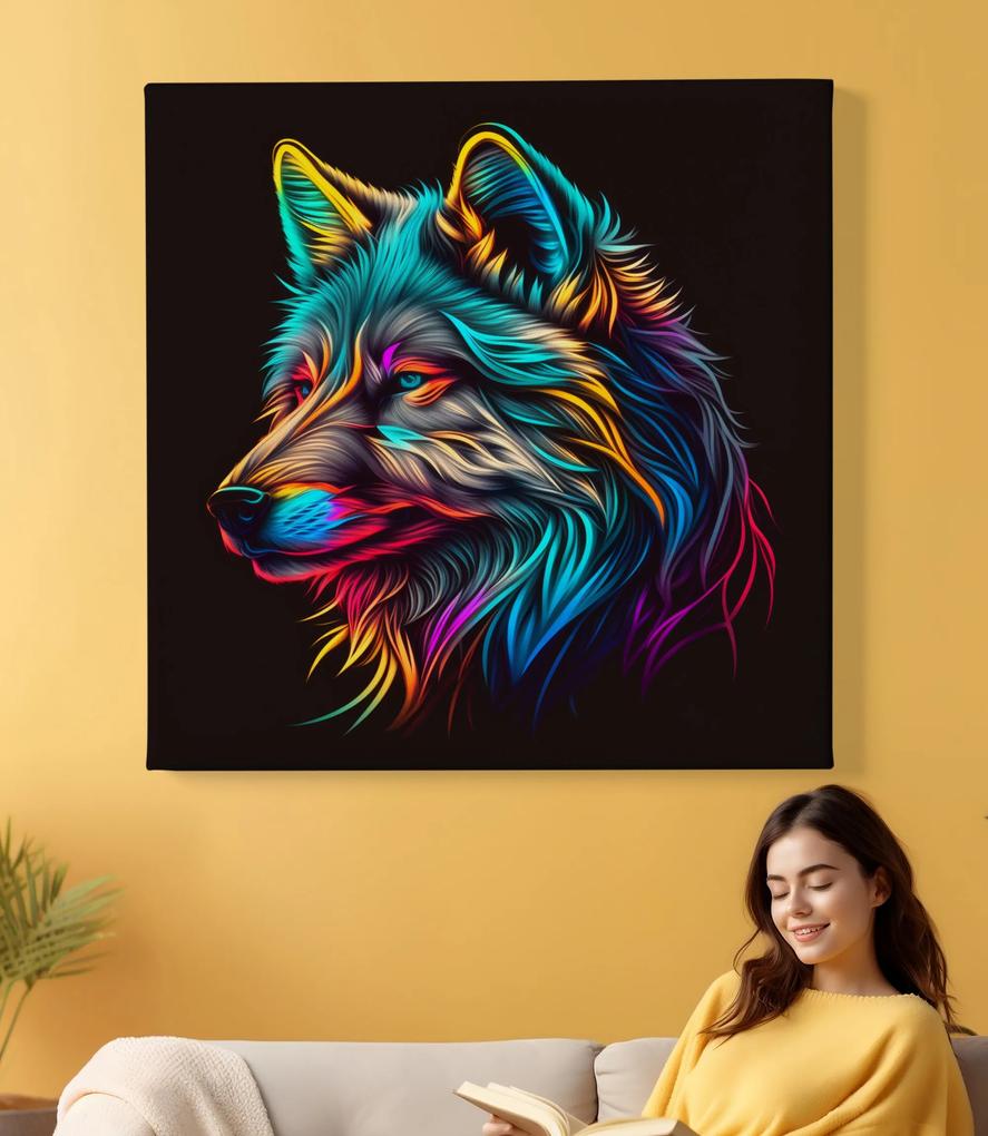 Obraz na plátně - Barevný zářící vlk, hlava FeelHappy.cz Velikost obrazu: 120 x 120 cm