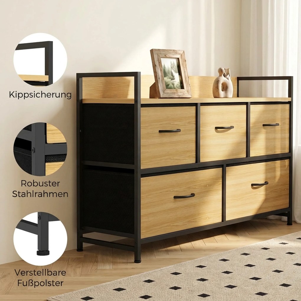 HOMCOM komoda se skládanými látkovými zásuvkami, dřevotříska s melaminem, ocelový rám, dub