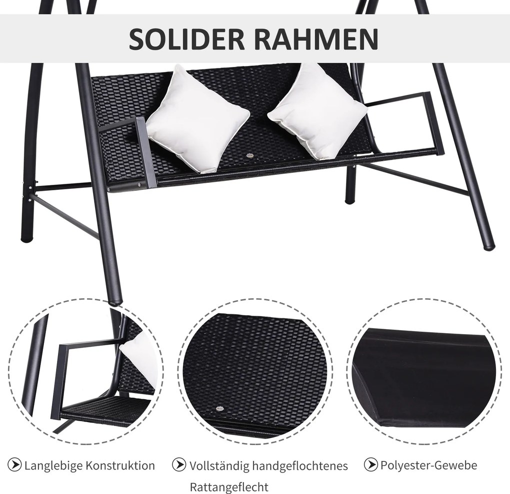 třímístná hollywoodská houpačka Houpačka Polyratan kovová s polštáři s nosností až 360 kg Nová (černá)