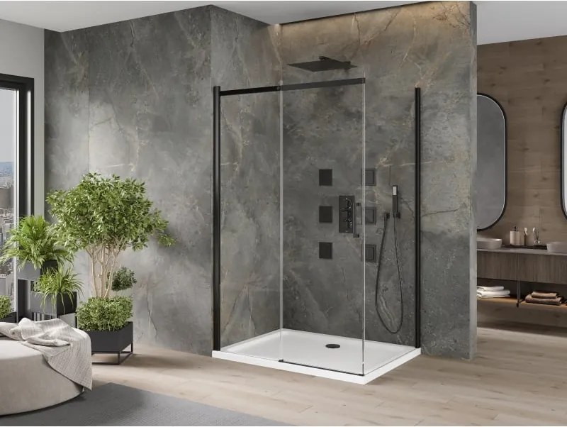 Mexen Omega posuvná sprchová kabina 120 x 90 cm, transparentní, černá + vanička Flat, bílá - 825-120-090-70-00-4010B