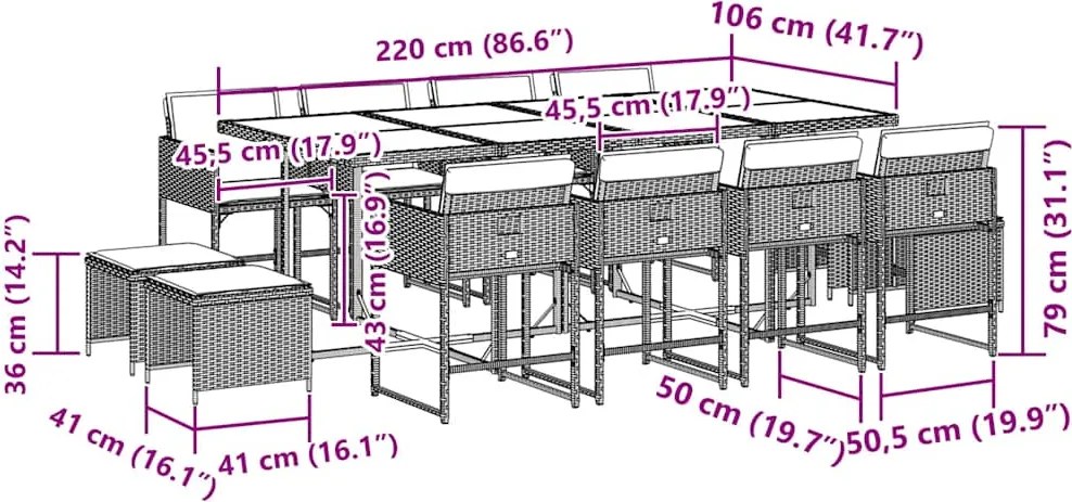 13dílný zahradní jídelní set s poduškami šedý polyratan 3211340