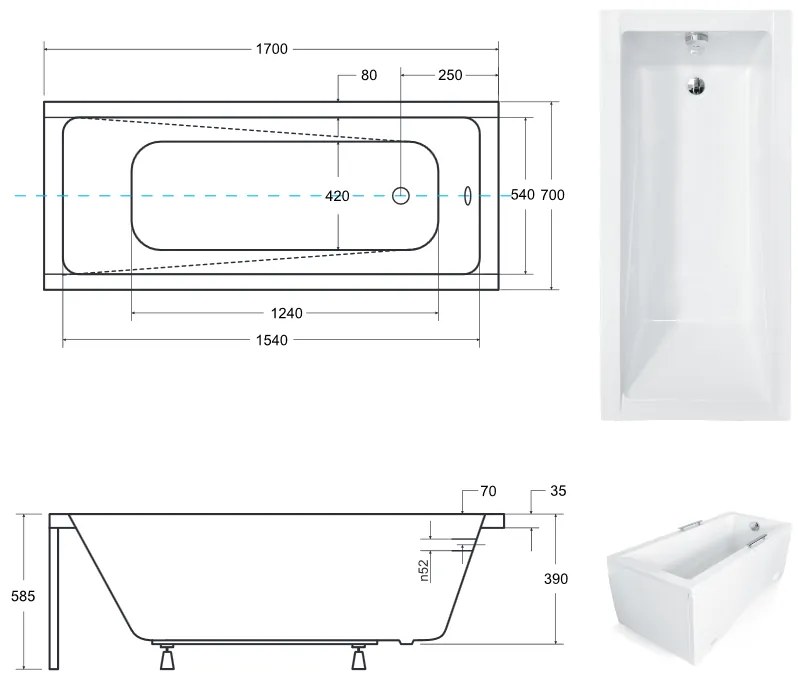 NIKIDO Akrylátová vana MODERN SLIM 140x70, 150x70, 160x70, 170x70, 180x80 Velikost: 170x70