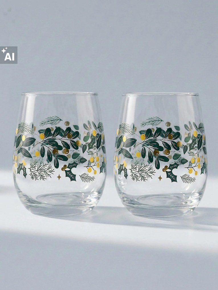 Sinsay - Vánoční sklenice s potiskem větviček, cesmíny a zlatých detailů 2 pack - bílá