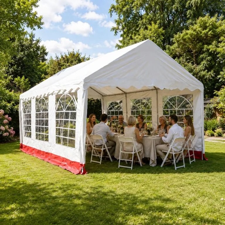 Zahradní párty stan 6×4 m, bílý a červený pruh, PVC 400 g/m²
