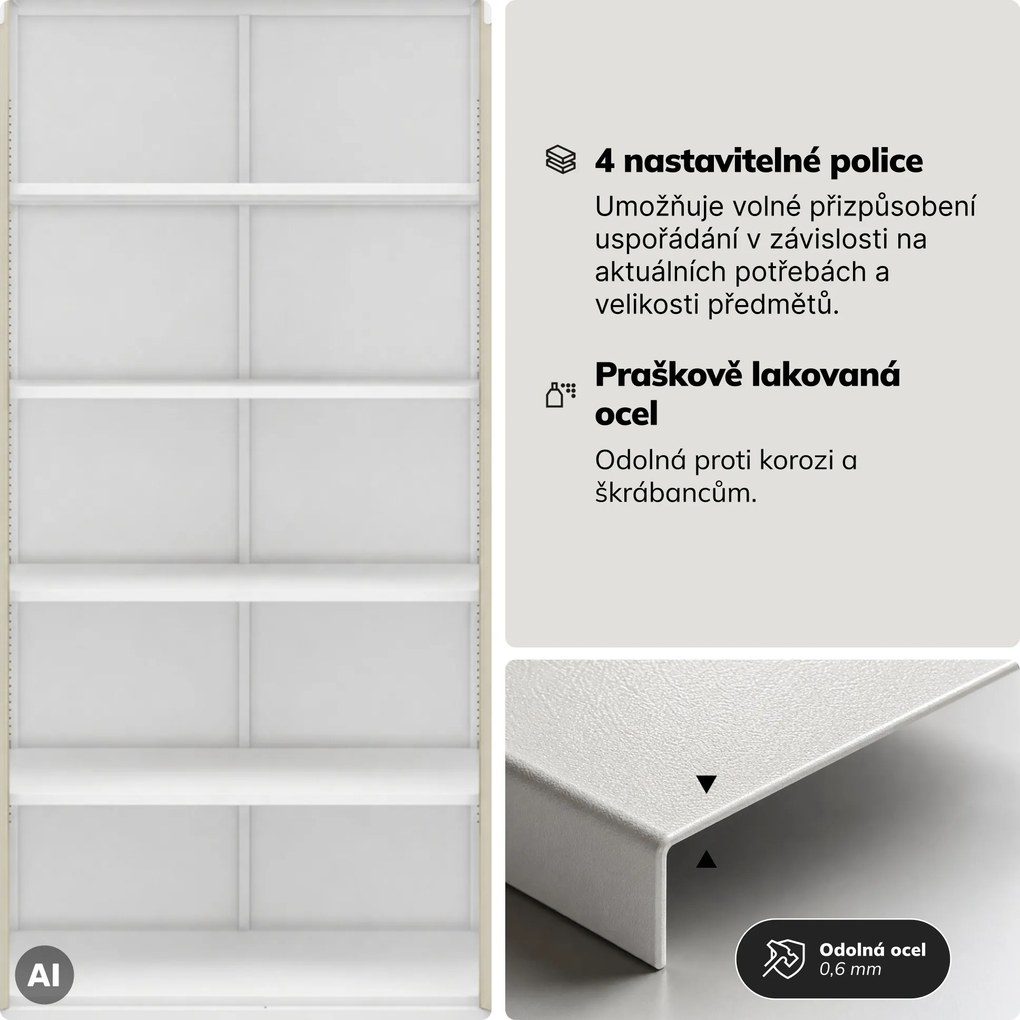 Kovová skříň s vitrínou bílá, dub sonoma, 900x1850x400 mm: AMELIA Eco Design