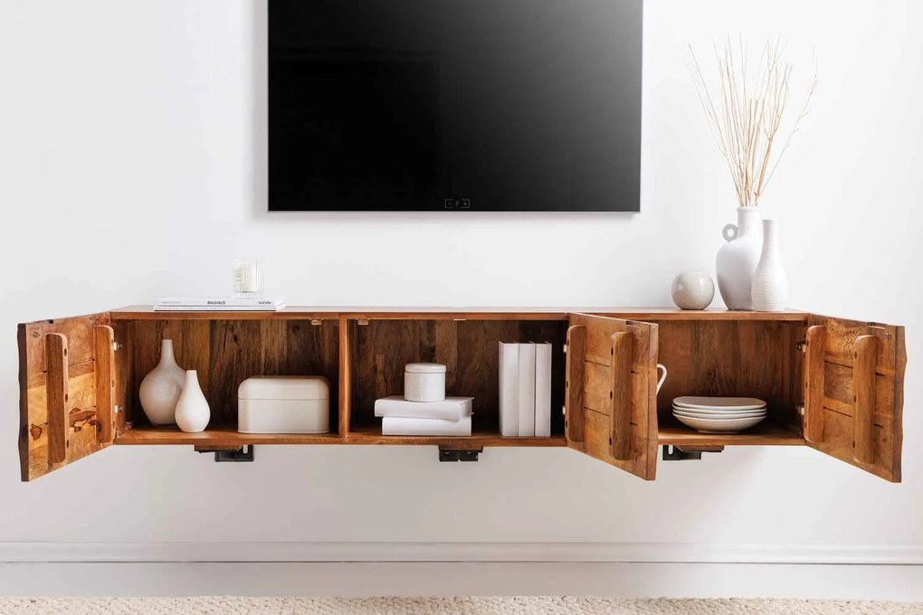 Designový závěsný TV stolek Shayla 160 cm hnědé mango - otevřené balení