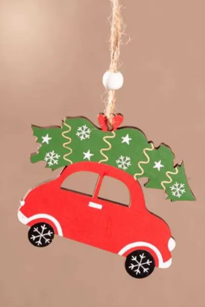 Vesna | Závěsná dřevěná dekorace auto se stromkem 10 cm