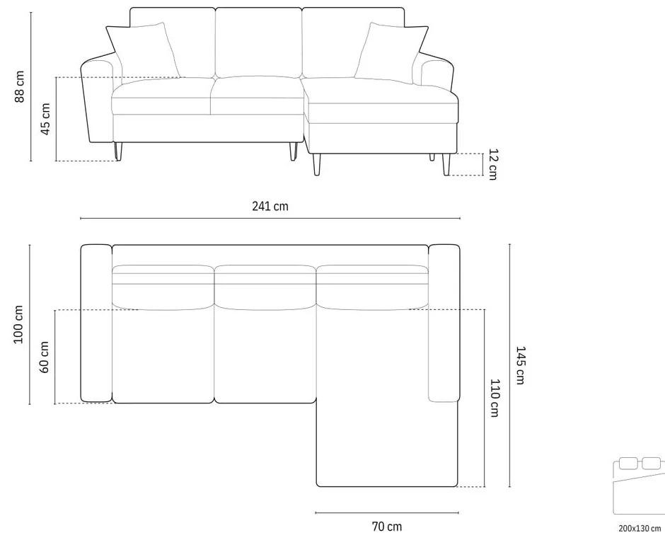 Černá sametová rozkládací/s úložným prostorem rohová pohovka (pravý roh/s lenoškou) Kyoto – Cosmopolitan Design