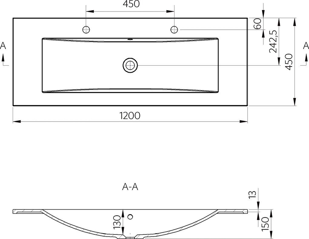 Sapho YUKON umyvadlo litý mramor 120 x 45 cm 2 otvory s přepadem bílá YU122