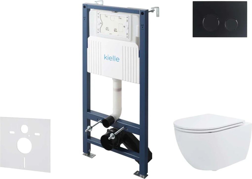 kielle Genesis New - Set předstěnové instalace, klozetu Oudee, Vortex Rimless+, sedátka softclose a tlačítka Gemini New II, matná černá 30502SS06
