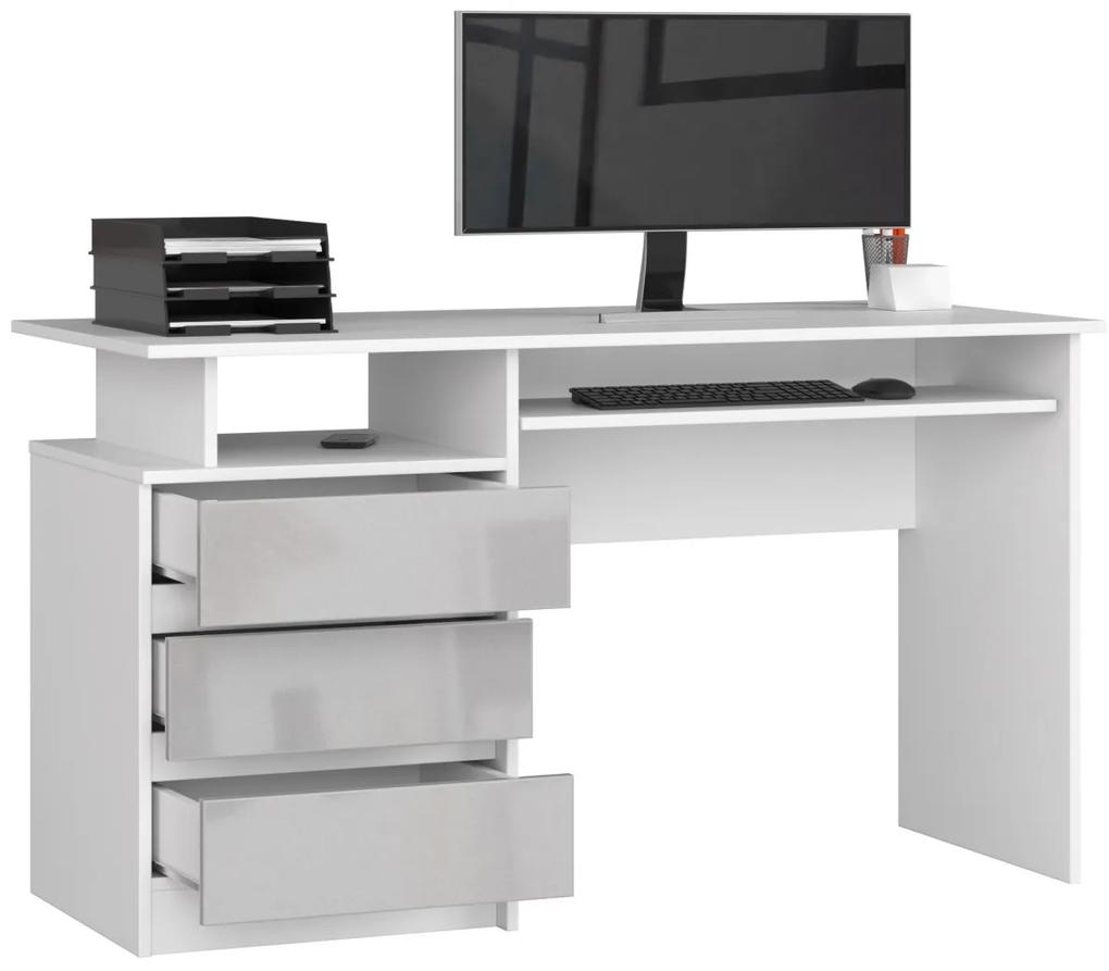 Volně stojící psací stůl CLP 135 cm bílý/šedý akryl vysoký lesk
