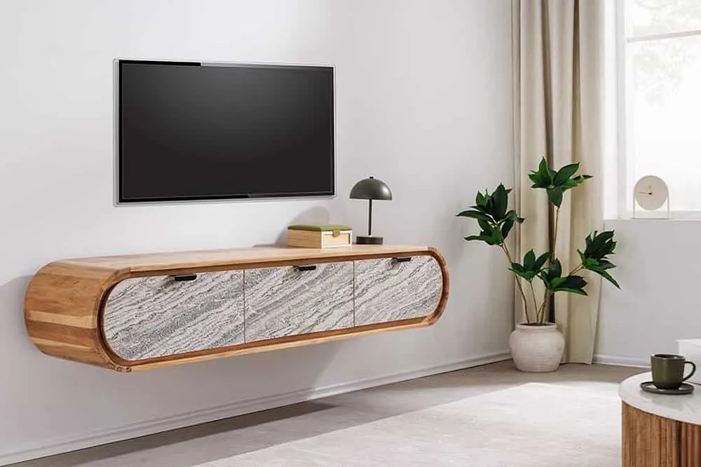 Designový závěsný TV stolek Callison 160 cm akácie / vzor kámen