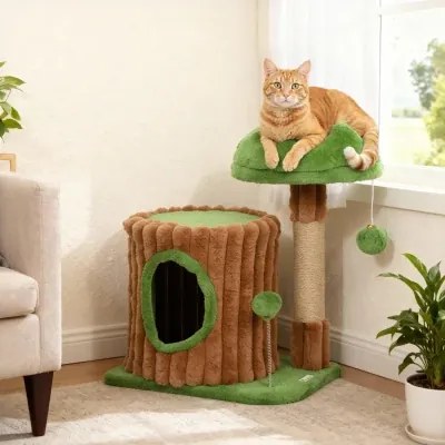 PawHut Škrabadlo 53 cm vysoké, kočičí strom s jeskyní, design kmene stromu, jutové stromy, 2 míčky pro 1-2 kočky do 5 kg, hnědo+zelené