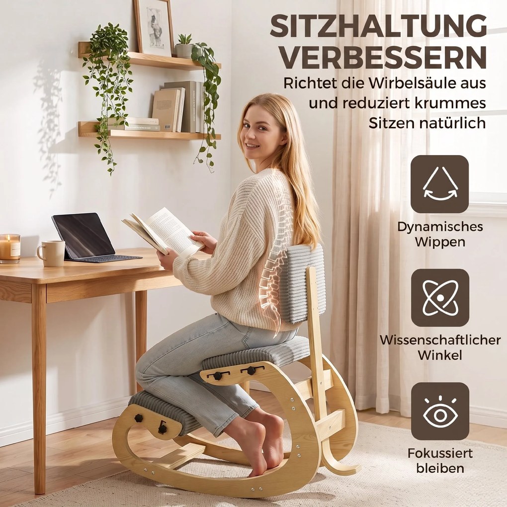 HOMCOM Ergonomická kolenní židle, kolenní stolička se záhlavím, vzhled manšestru, kancelářská židle do domácnosti, kanceláře, meditace, tmavě šedá