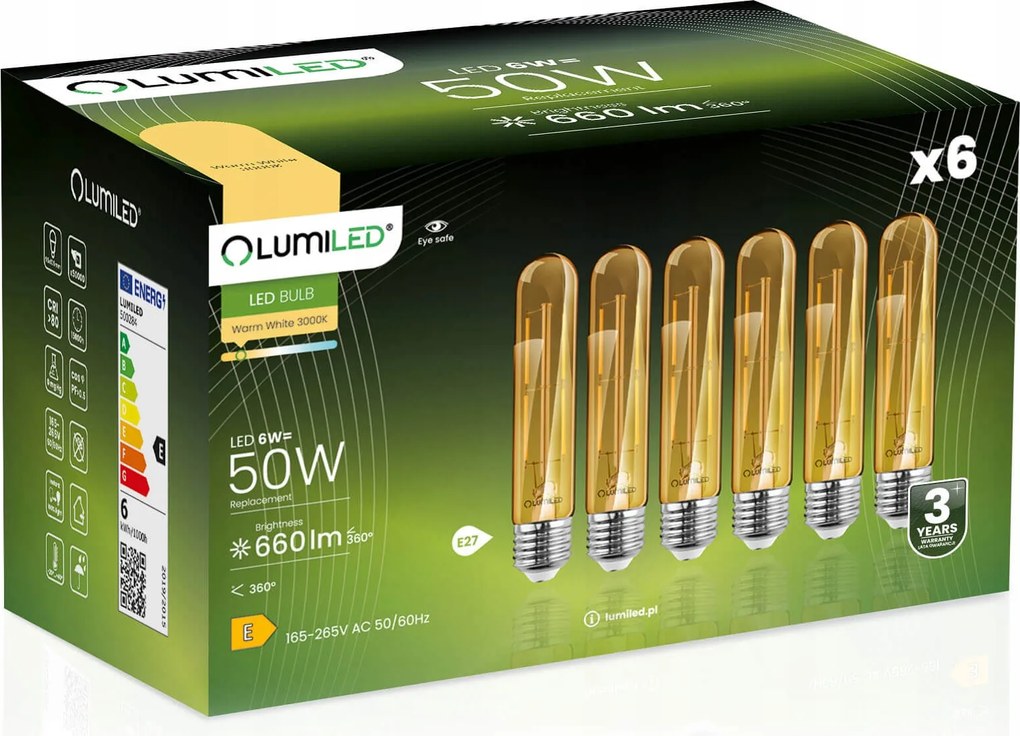 6X Led žárovka E27 Tuba T30 6W 50W 3000K Lumiled