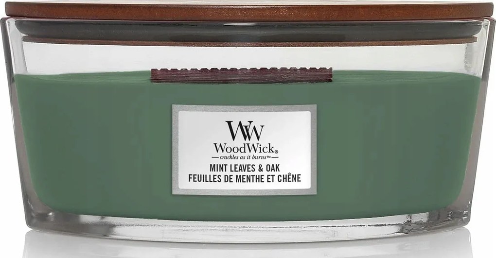 WoodWick vonná svíčka s dřevěným knotem Elipsa Mint Leaves & Oak 453,6g