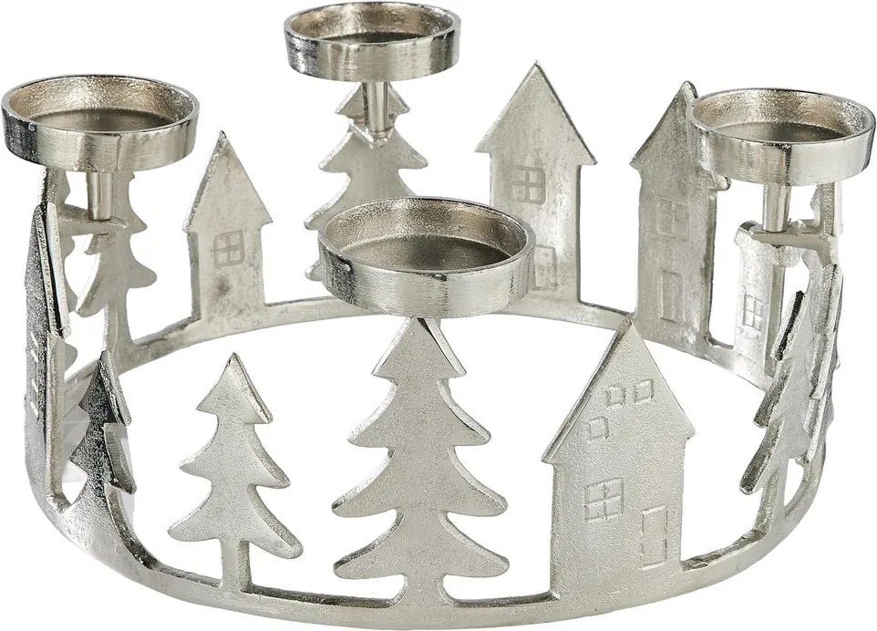 Adventní věnec domečky 35 cm - stříbrná