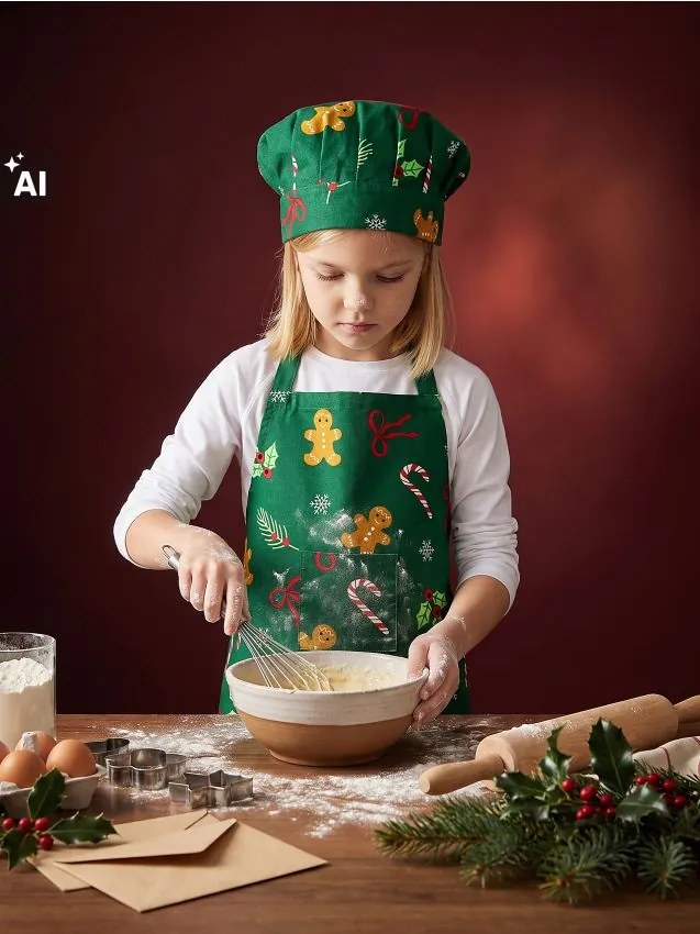 Sinsay - Vánoční kuchyňská zástěra a čepice s motivem perníčků - zelená