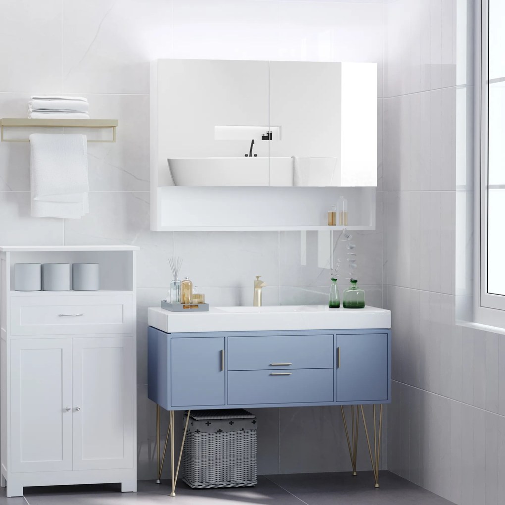 HOMCOM LED 10W zrcadlová skříňka Dvoudveřová koupelnová skříňka s policovou skříňkou Koupelnové zrcadlo Koupelnový nábytek Víceúčelová skříňka pro mě…