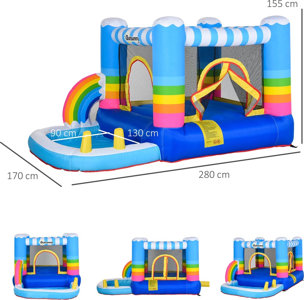 Outsunny skákací hrad s fukarem, skluzavka pro 3 děti, nafukovací skákací hrad s vodním hracím centrem pro děti 3-8 let, venkovní vodní park pro děti…